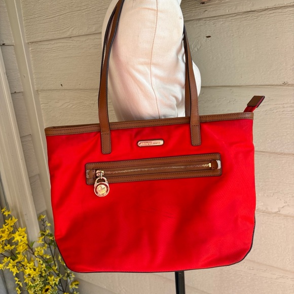 Michael Kors | Bags | Michael Kors Orange Nylon Tote With Tan Leather ...